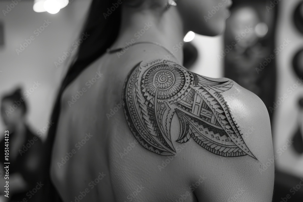 A tribal tattoo design covering the upper arm and shoulder, with bold, sweeping lines and ...