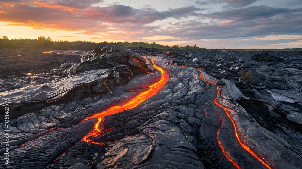 Volcanic lava flow: A slow, molten lava stream with glowing cracks and ...