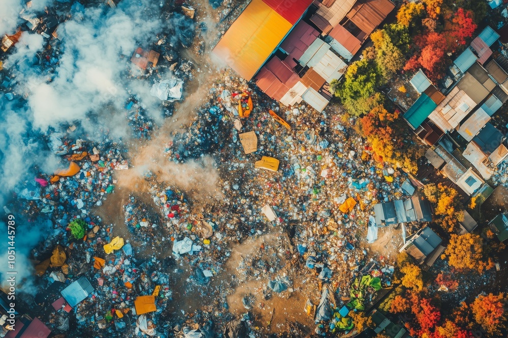 Aerial landfill on blue sky background. Garbage pile, waste plastic and ...