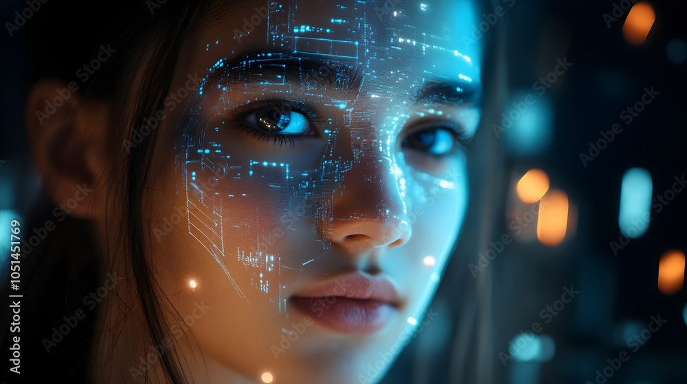 Biometric facial scan in progress on a young woman, transparent digital ...