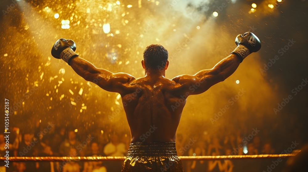 Boxer champion standing in the spotlight, arms raised high, back to the ...