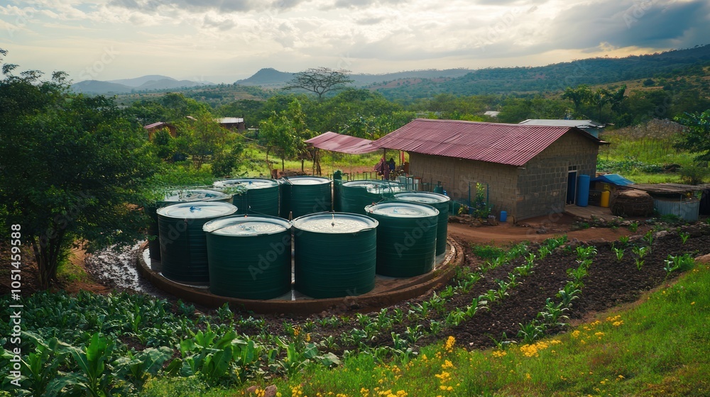 A rural community installing a rainwater harvesting system, with large ...