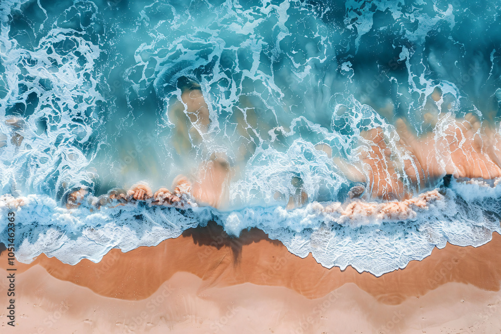 Beautiful beach with waves and sand, top view. Aerial drone photo of ...