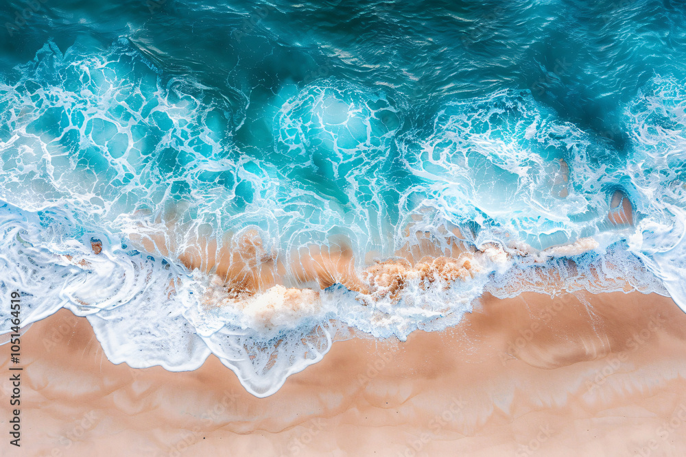 Beautiful beach with waves and sand, top view. Aerial drone photo of ...