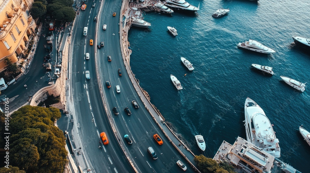 Formula 1 race in Monaco, aerial perspective of cars speeding through ...