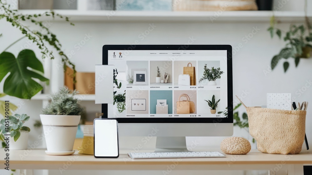 A digital mock-up template for an online store, featuring a desktop and ...
