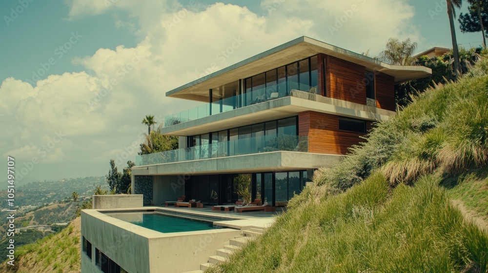 A three-story house with a rooftop pool and glass railing, built into a ...