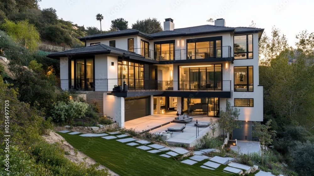 Foto de A two-story hillside home with staggered balconies, large glass ...