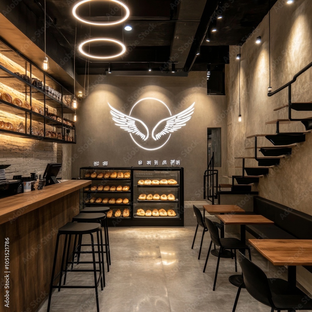Modern bakery interior with wood counter, tables, chairs, and a lit up ...