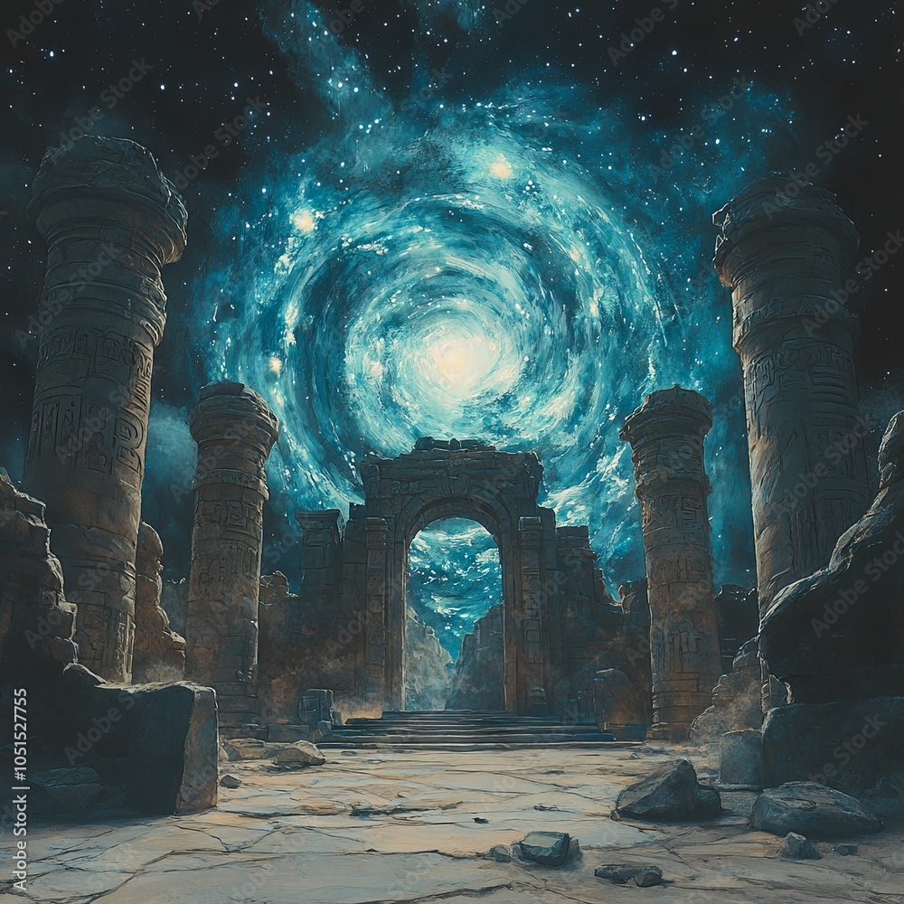 A swirling portal illuminated by an eerie, radiant glow, surrounded by eldritch symbols etched ...