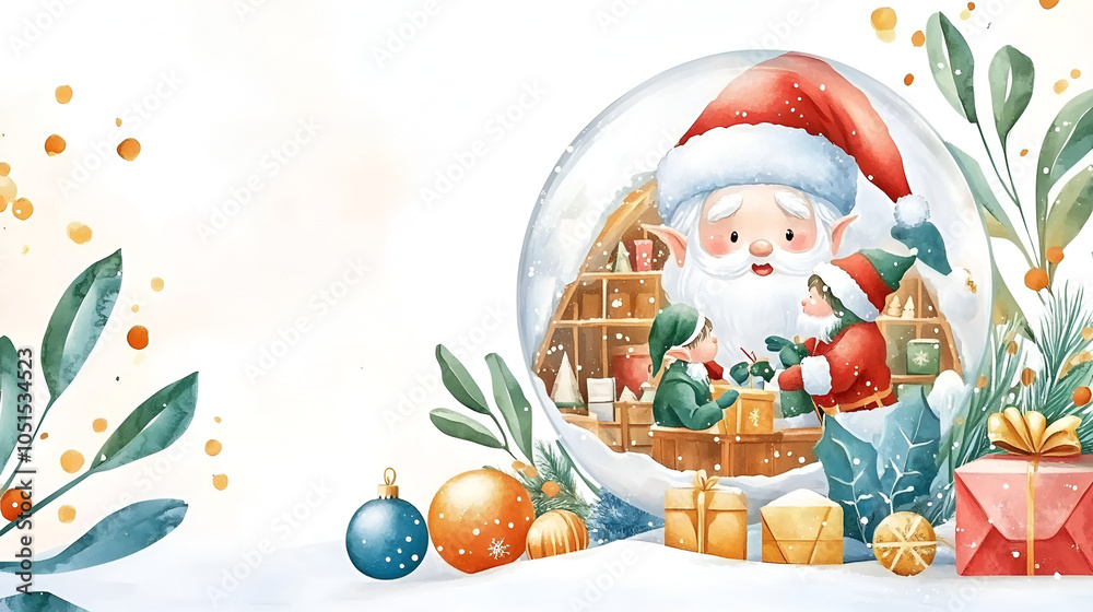 Santa workshop snow globe, elves working inside, white background ...