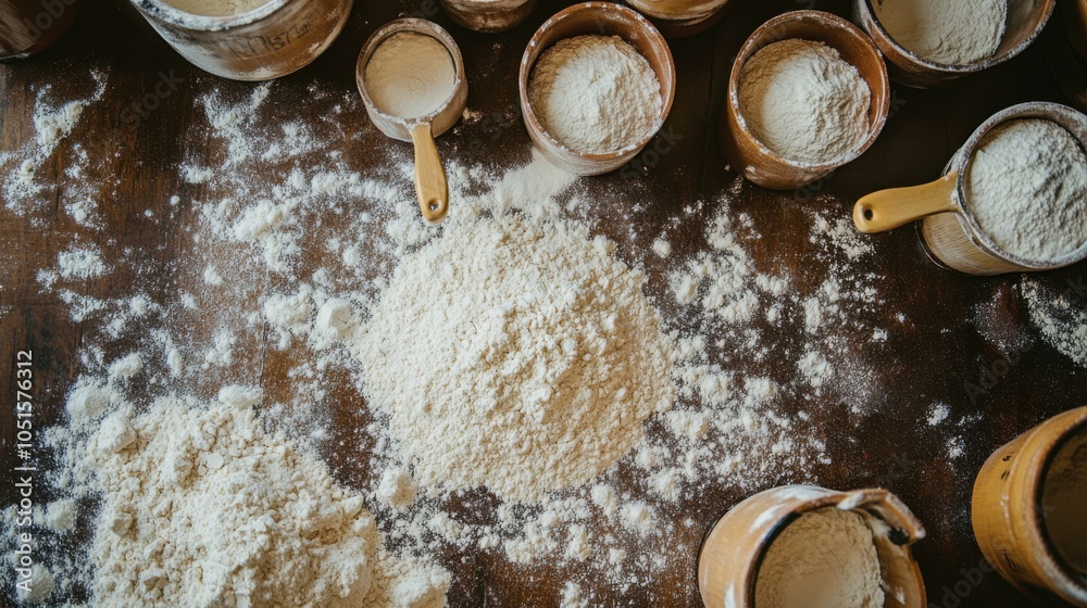 A top-down view of measuring cups arranged on a kitchen counter, with ...