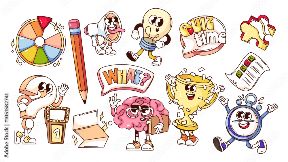 Groovy quiz cartoon characters and stickers set. Funny retro speech ...