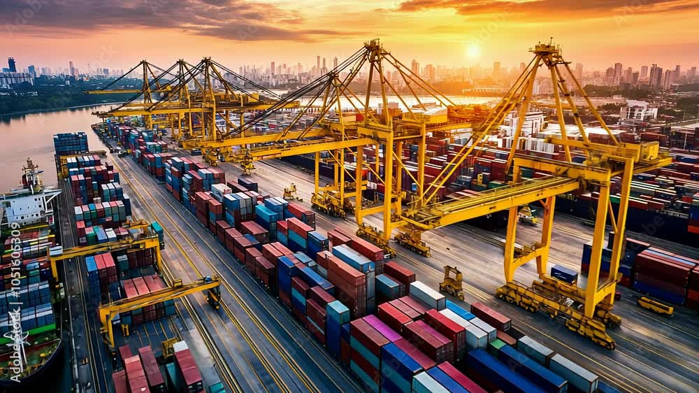 Container truck in ship port for business Logistics and transportation ...