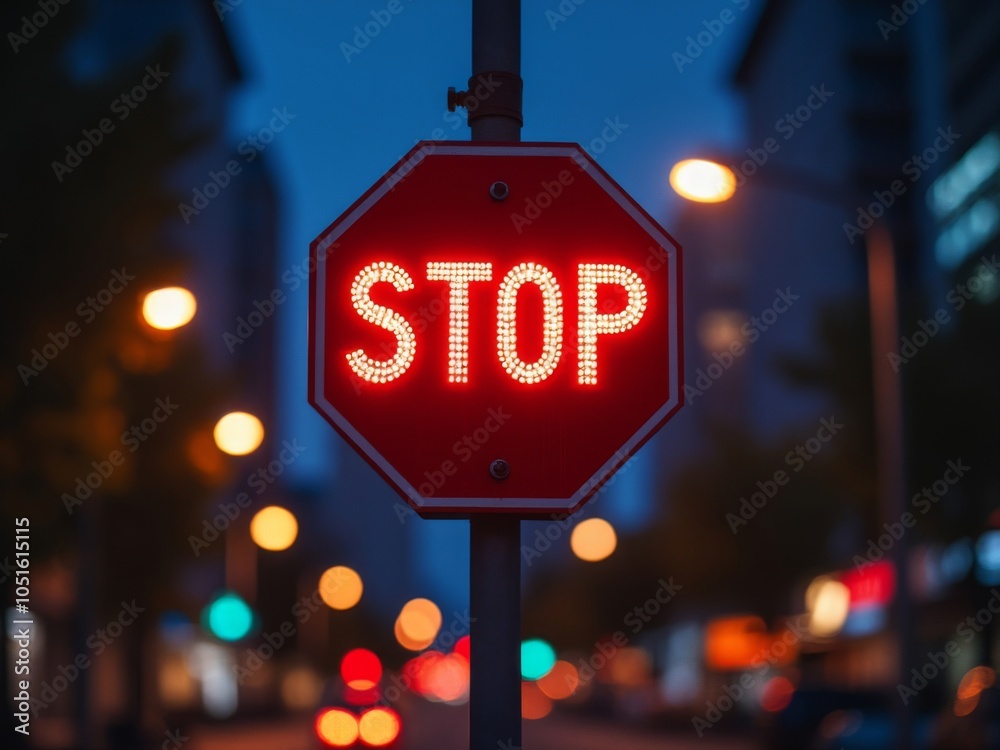 Illuminated stop sign at city street intersection during evening, with ...