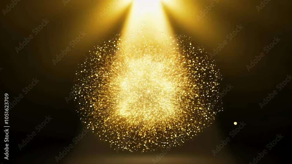 An elegant 4K animation featuring spotlight flying golden particles ...