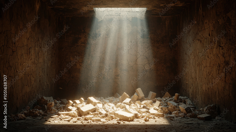 dimly lit room with sunlight streaming through skylight illuminates ...