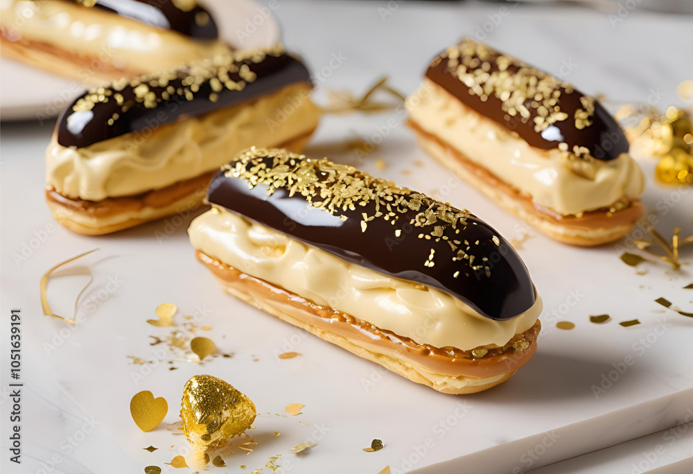 Gourmet Chocolate Eclair with Edible Gold Flakes Stock Photo | Adobe Stock