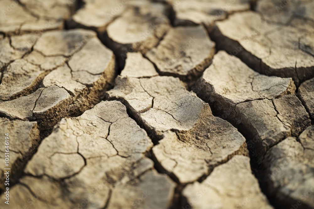 A close-up shot of a cracked dry desert floor, with deep fissures and ...
