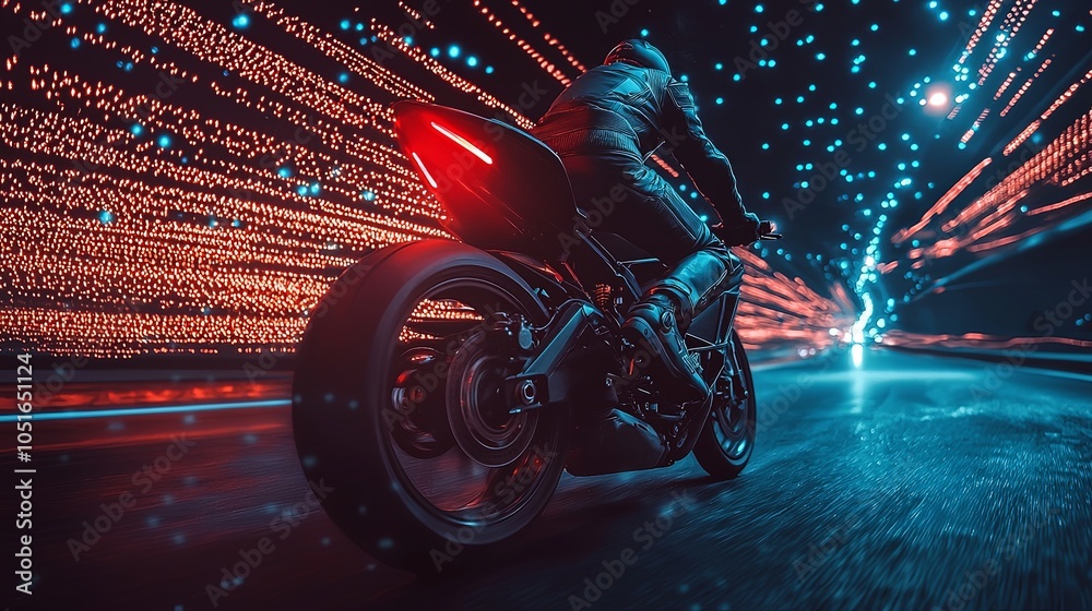 A high-speed motorcycle cruises through a stream of bright digital ...