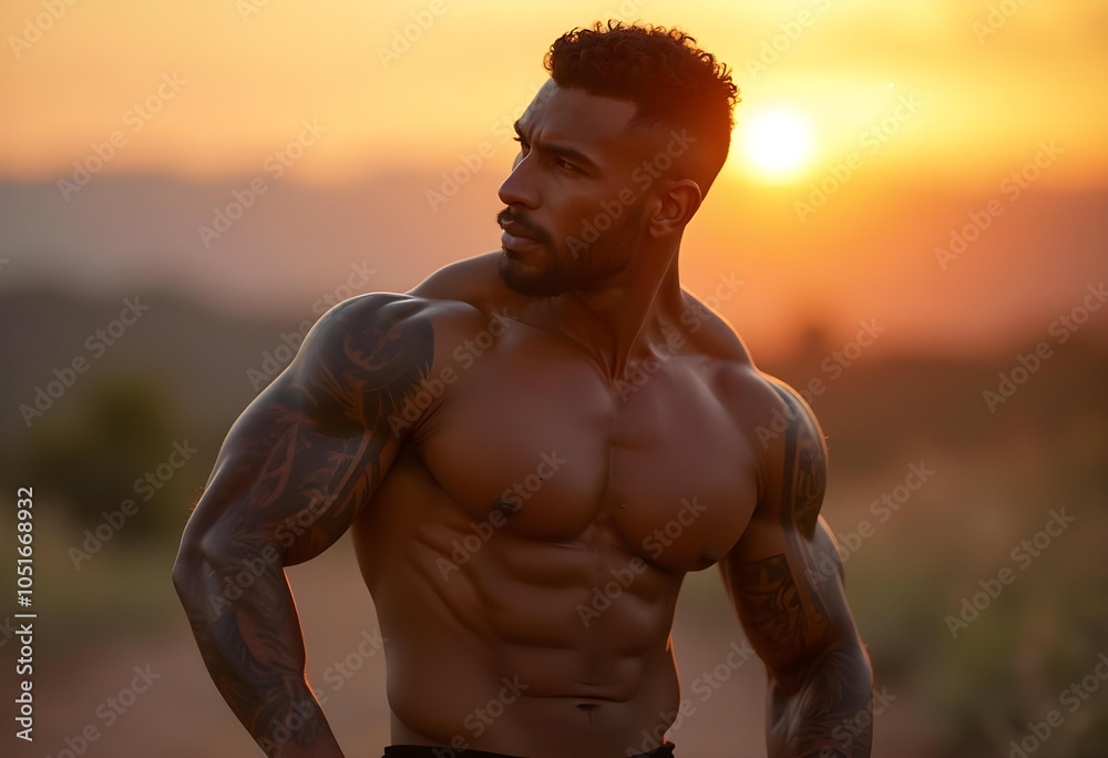 Foto de muscular man poses confidently against stunning sunset backdrop ...
