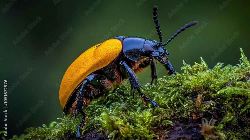 Hercules Beetle Skillfully Climbing on Mossy Bark Within a Vivid and ...