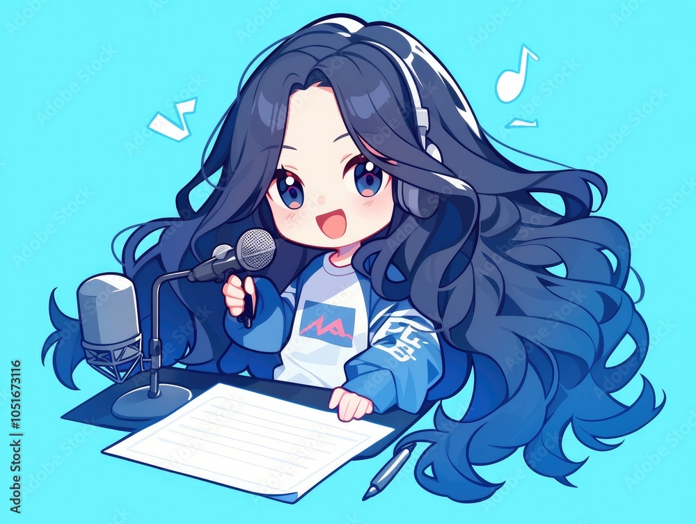 A cute anime girl with long blue hair is singing into a microphone ...