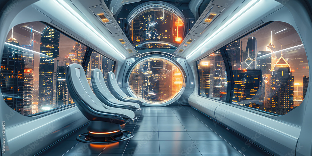 Futuristic spaceship interior with two rows of seats on the left and ...
