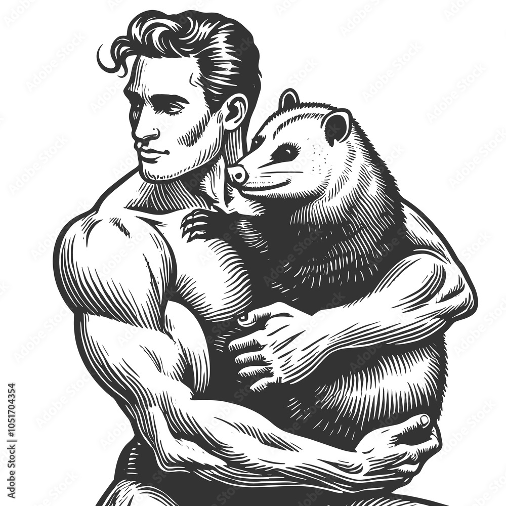 muscular man holding an opossum, an unusual and humorous combination of ...