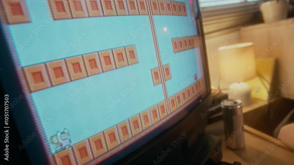 No people closeup shot of pixelated old TV screen with 8 bit arcade ...
