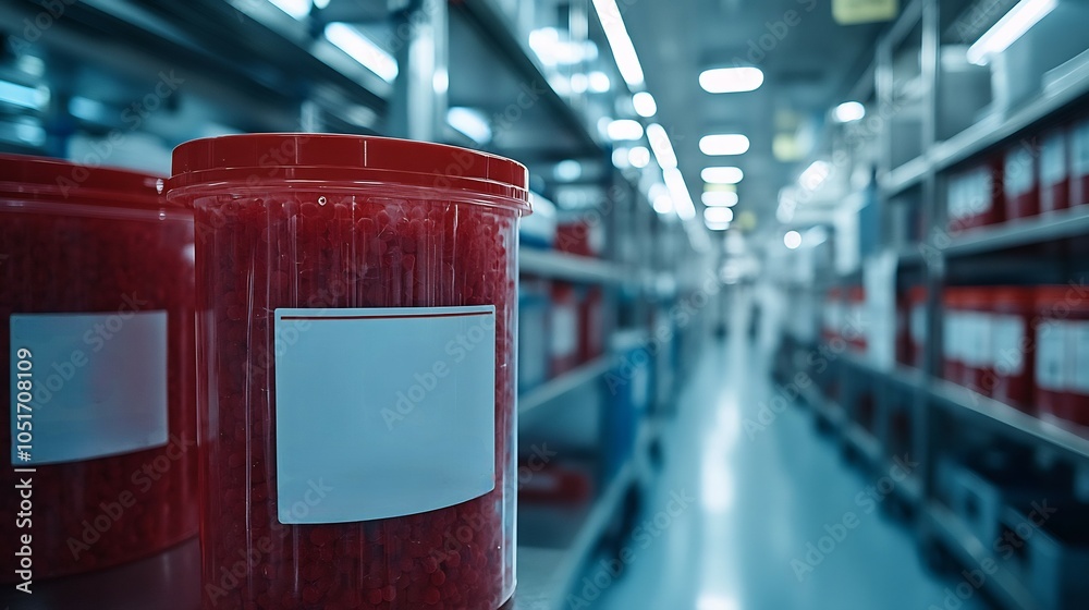 Sealed biohazard container with warning labels in a sterile lab ...