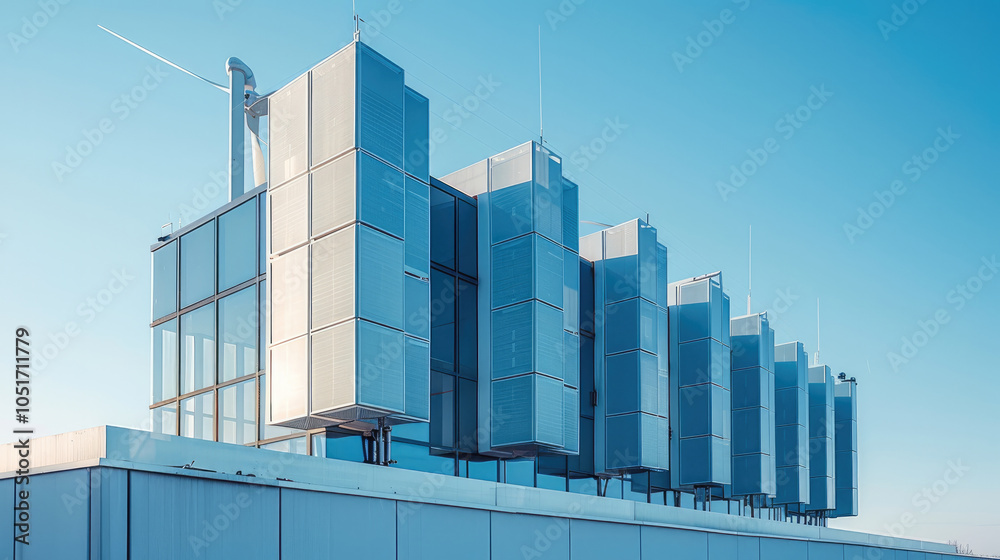 A modern wind energy panel integrated into the rooftop of a low-rise ...