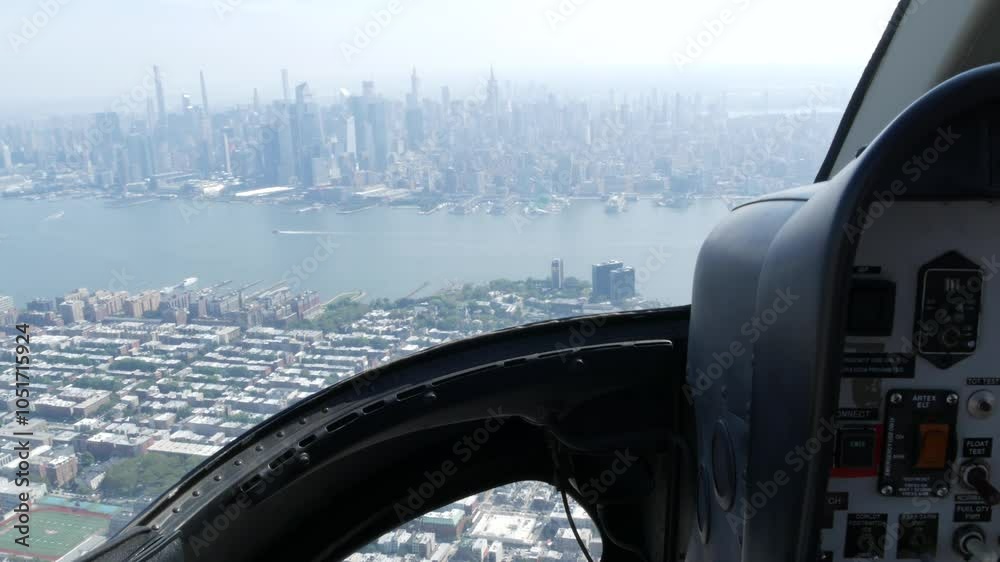 New York City helicopter cabin flight, heli cockpit flying over ...