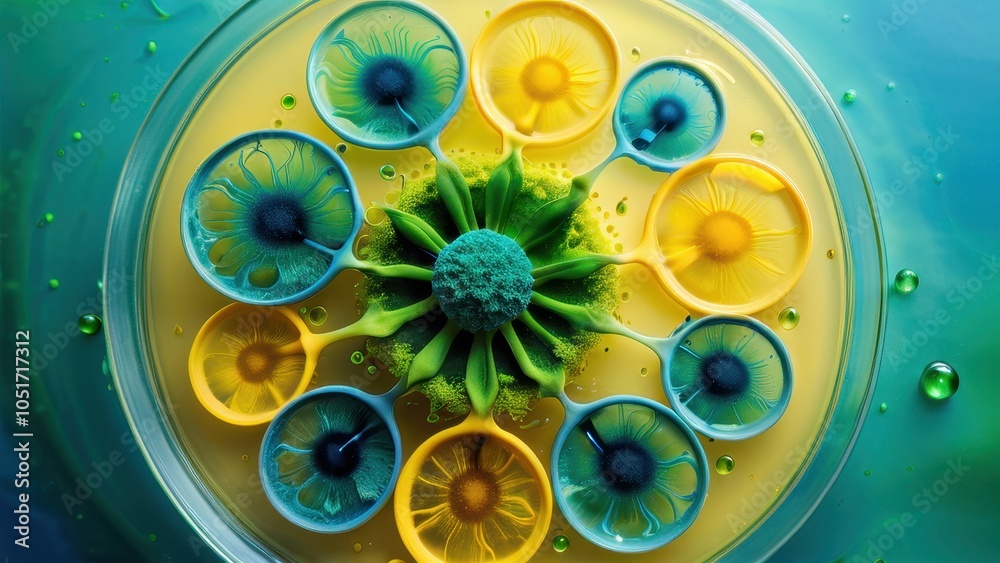 A vibrant and abstract representation of microorganisms, showcasing ...