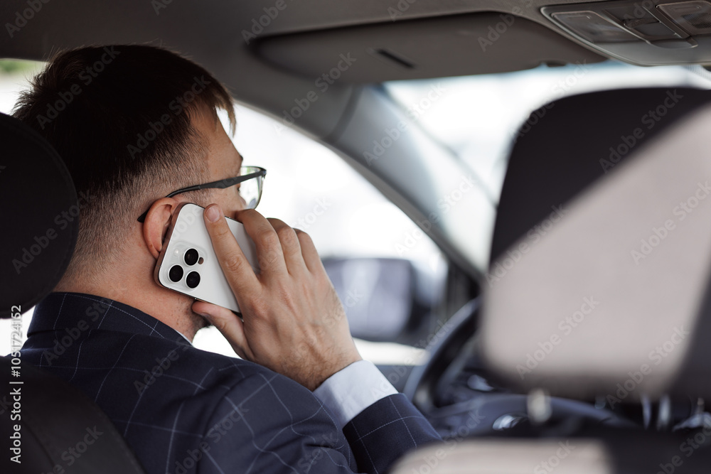 Bad driving habits, unsafe driving. Entrepreneur office, using mobile ...