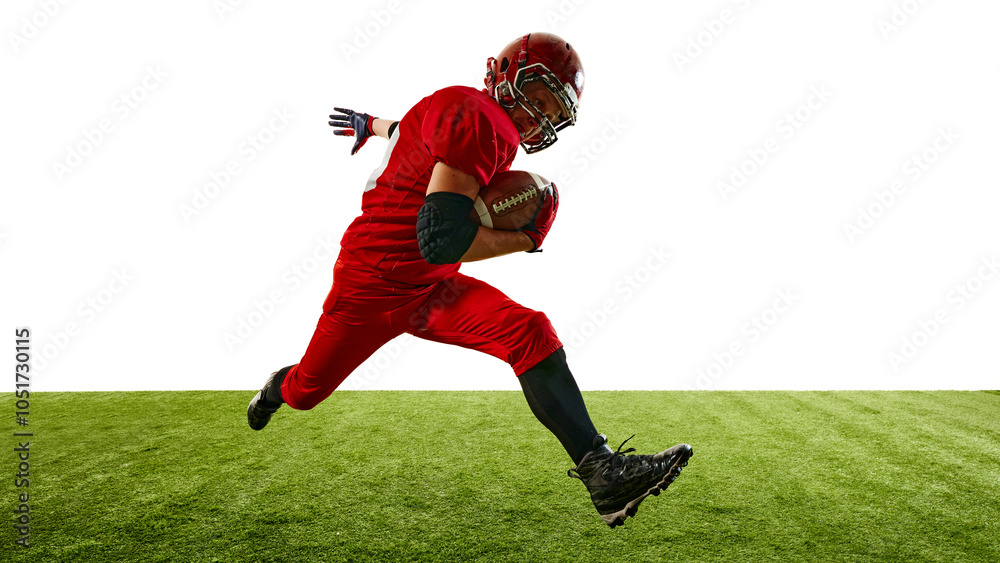 Dynamic image of American football player in red uniform sprinting ...
