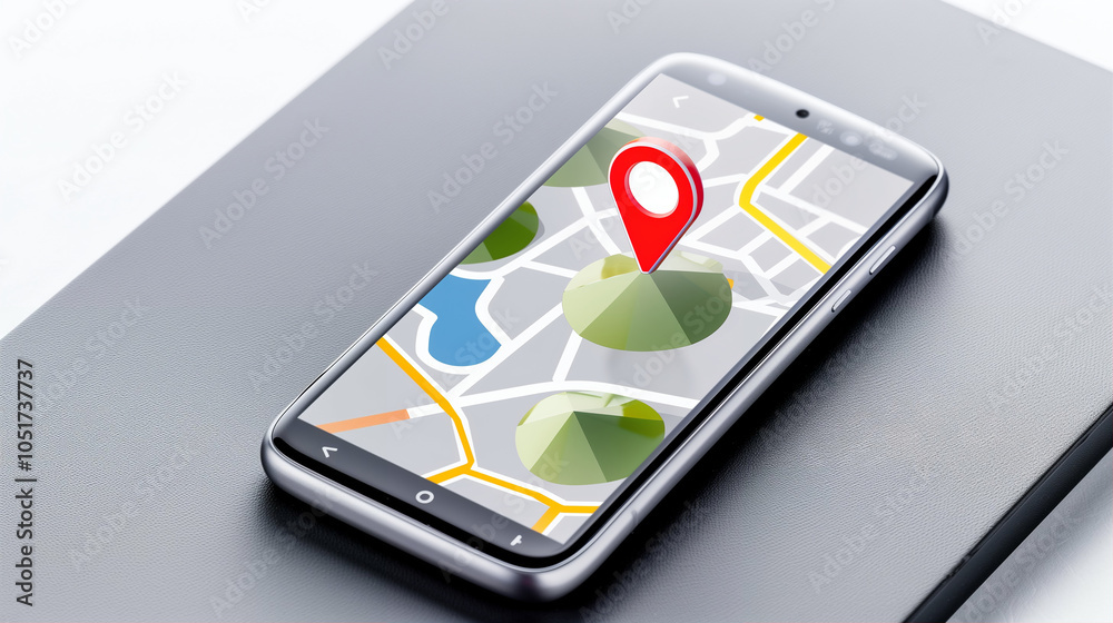 Smartphone with map displaying location pin on screen for navigation ...