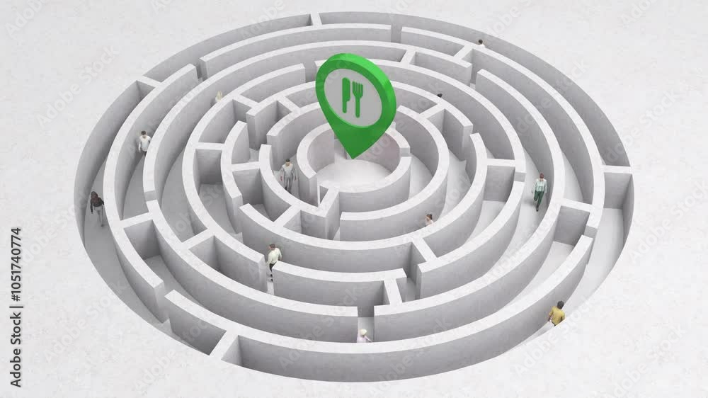 Restaurant navigation symbol and maze concept with people walking ...