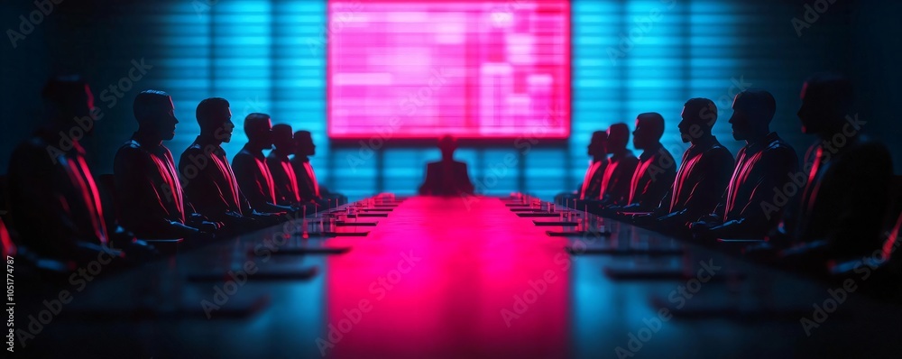 A modern corporate boardroom illuminated with red and blue lights ...