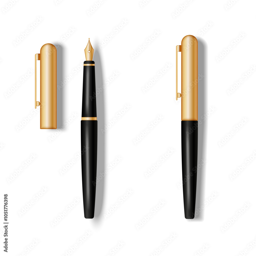 Elegant black and gold fountain pen in closed and open positions ...