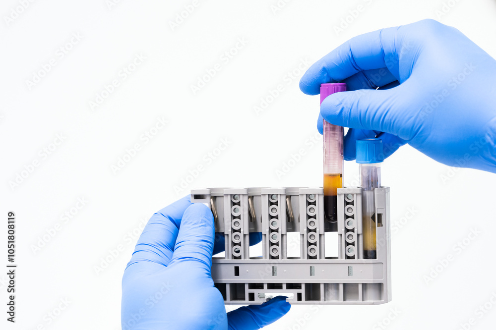 Doctor hand wearing blue gloves taking and checking blood sample tubes ...