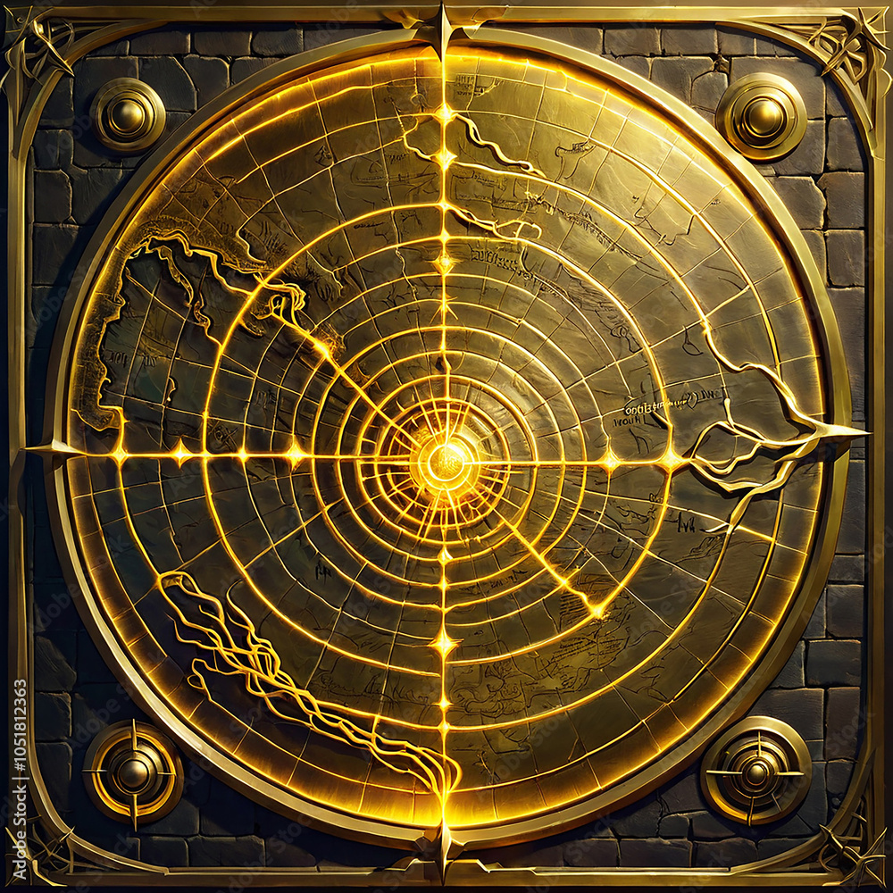A Circular Golden Map With Glowing Lines And A Central Bright Light