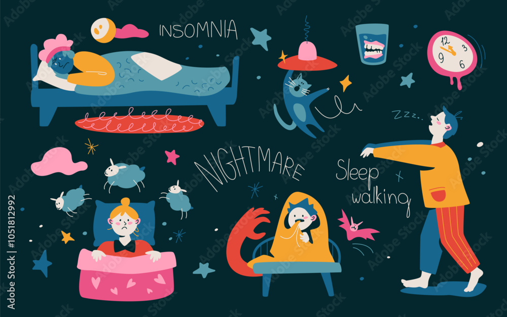 Insomnia and nightmares - modern colored vector illustration set with ...