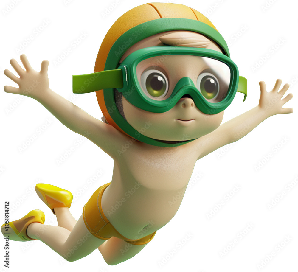 Cute 3D character swimmer diving, full body, wearing a swim cap and ...