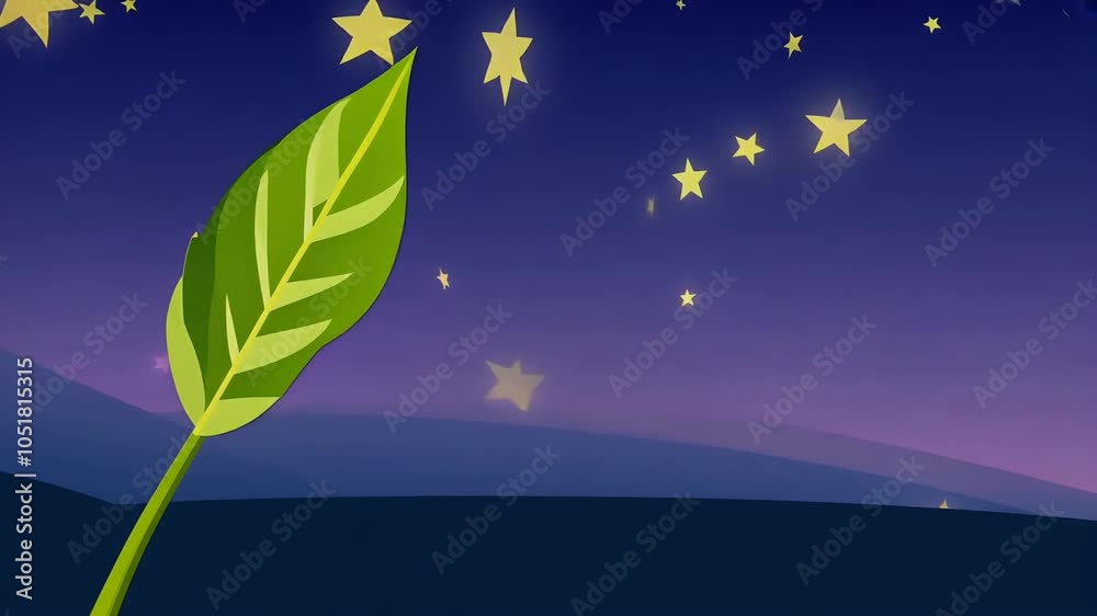 A charming 2D cartoon animation leafy branch swaying wind set starry ...