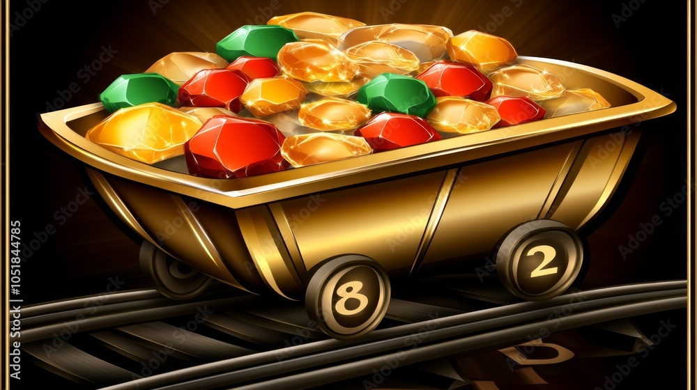 Brightly colored 3D cartoon mine cart overflowing with sparkling gems ...