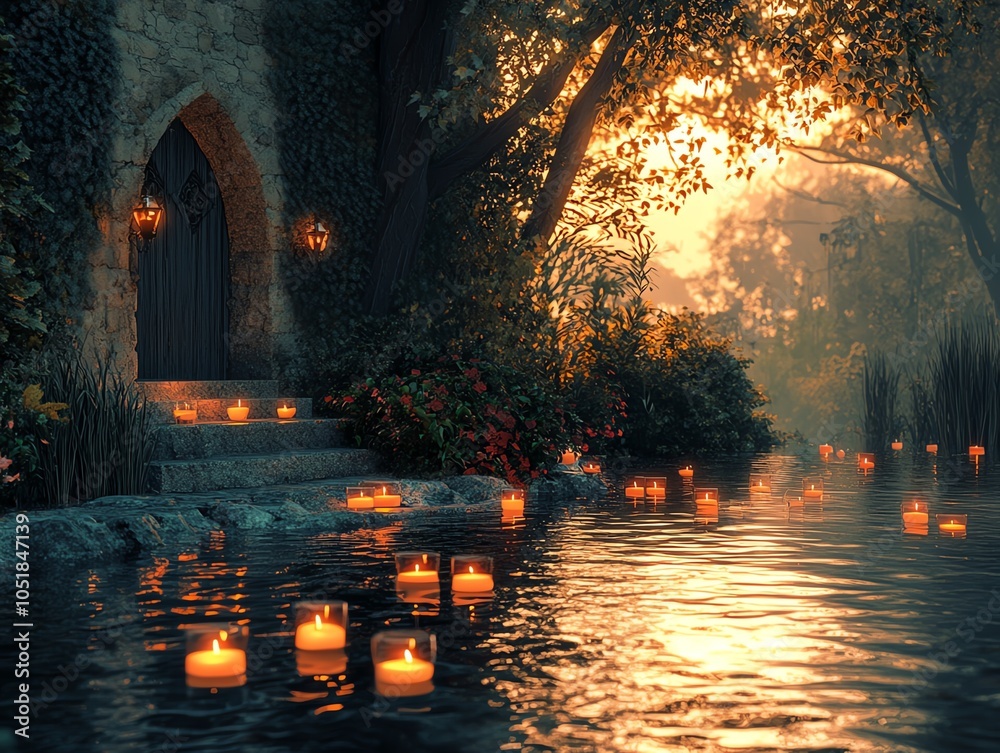 Altar by the river with floating candles drifting gently downstream ...