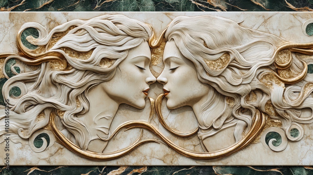 3D bas relief of twin women with long fluttering hair wrapped in ...