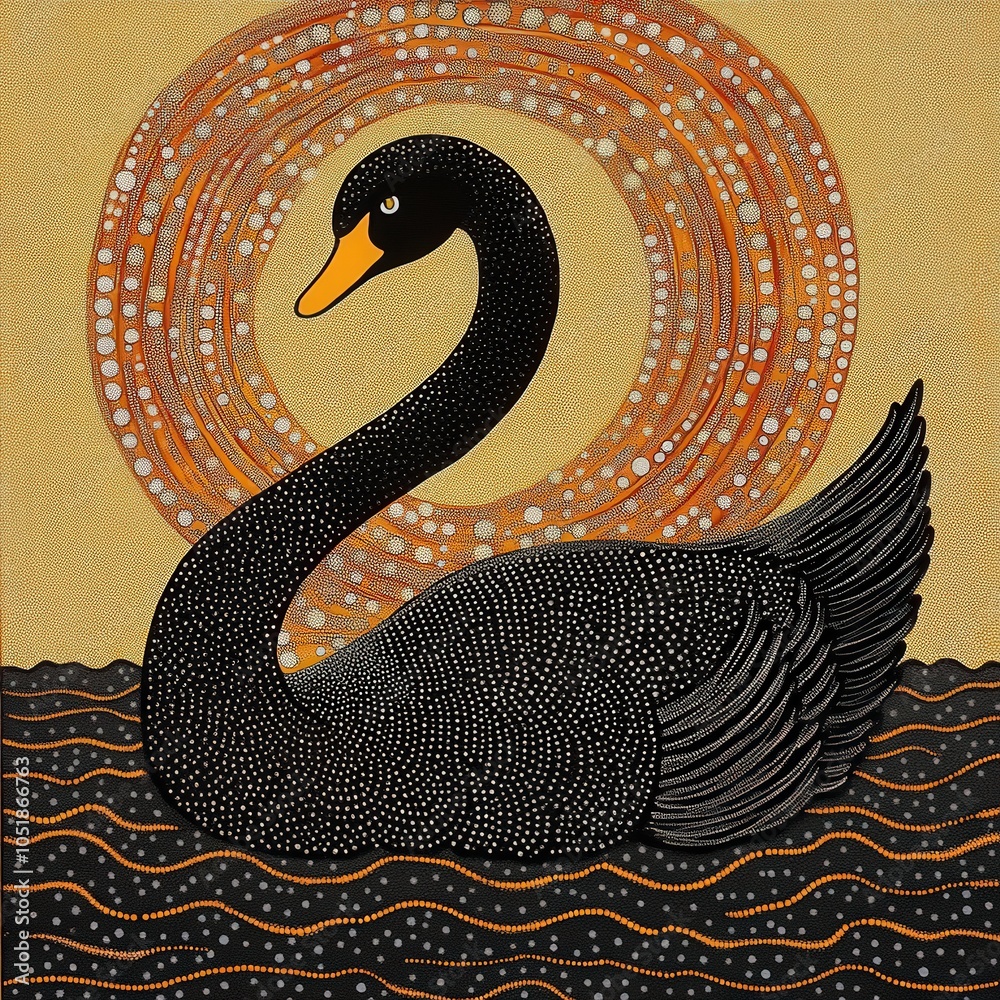 Design me a fantasy dreamtime dot art painting of a black swan on a ...