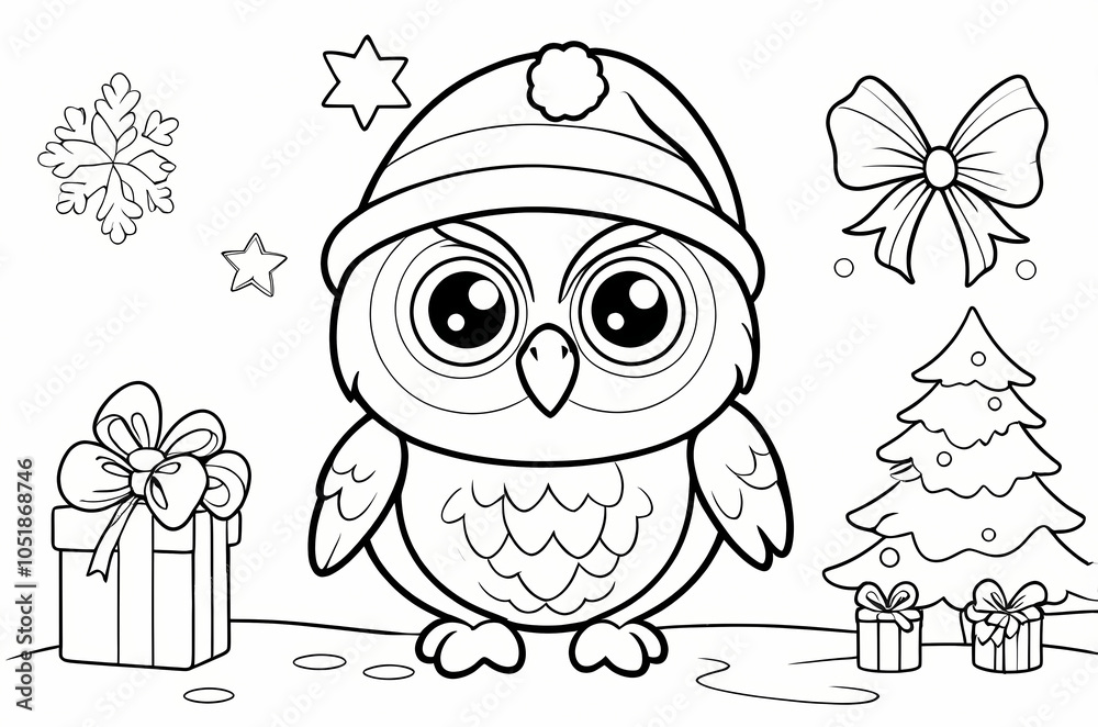 Winter Holidays Themed Coloring Page with Owl Wearing Santa Cap ...